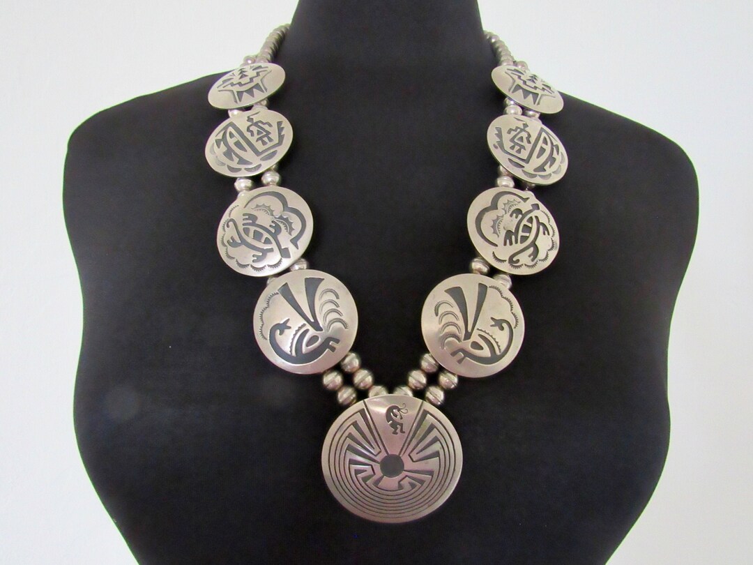 Large, Striking, Sterling Silver Overlay Necklace With 9 Pictorial ...