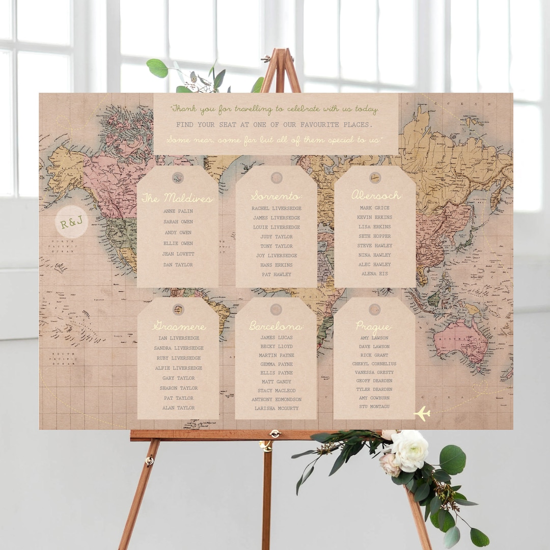 Vintage Travel Map Table Plan | Travel Themed Wedding, Abroad Wedding ...