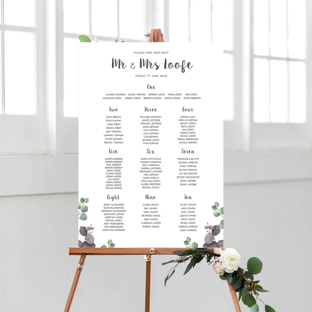Eucalyptus Table Plan | Eucalyptus Themed Wedding, Eucalyptus Table ...