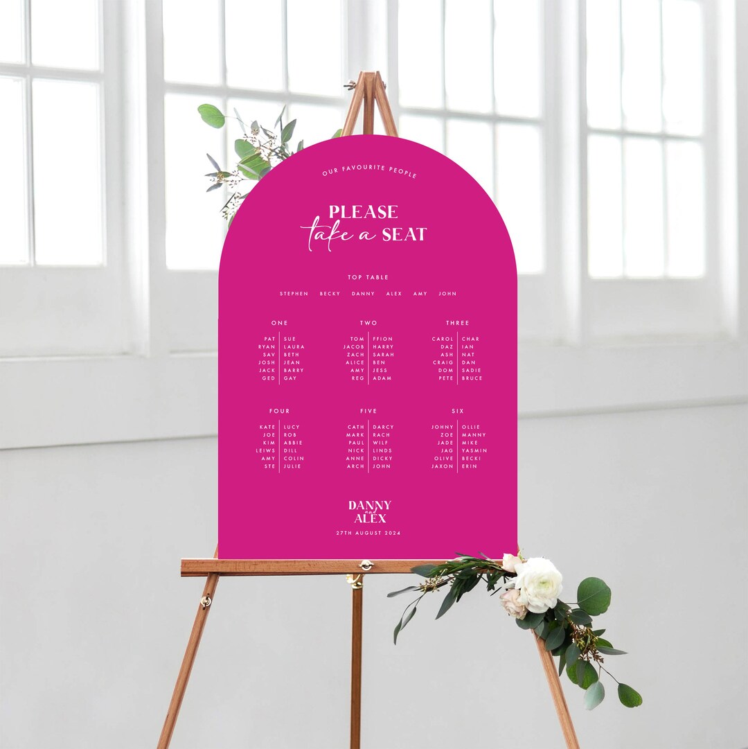 Pink Curved Table Plan | Modern Bright Bold Wedding, Minimal Arched ...