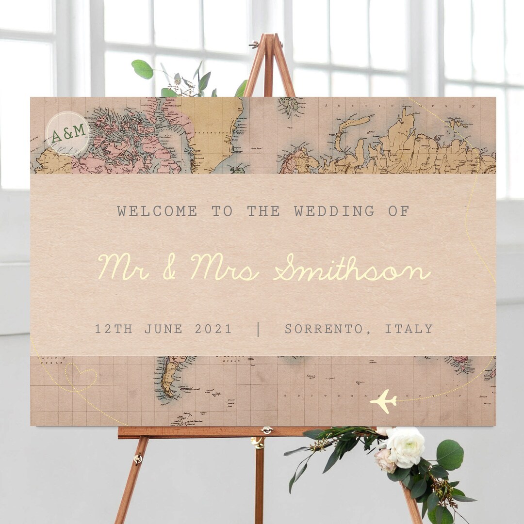 Vintage Travel Map Wedding Welcome Sign | Travel Themed Wedding, Abroad ...