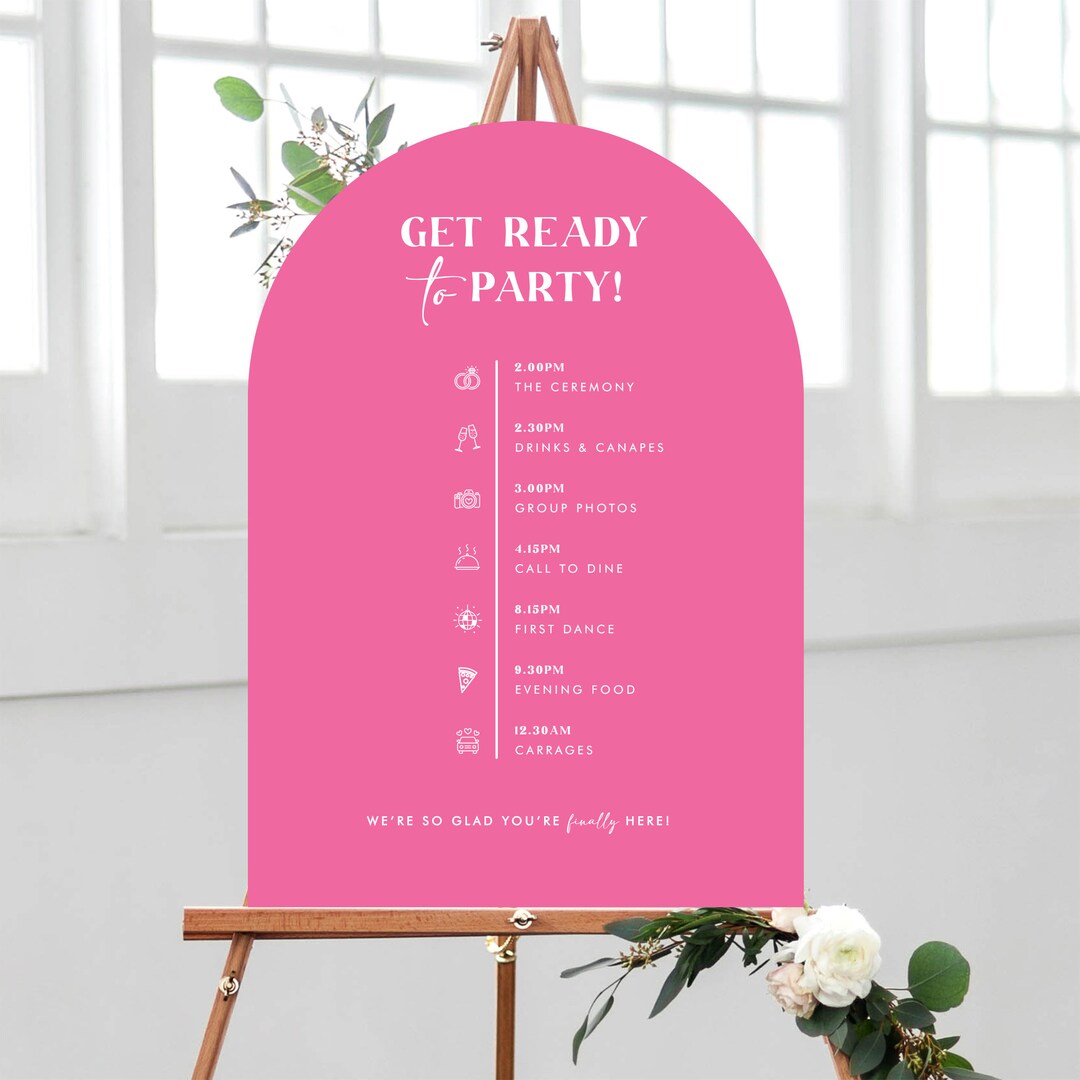 Pink Curved Wedding Timeline Sign | Modern Bright Bold Wedding, Minimal ...