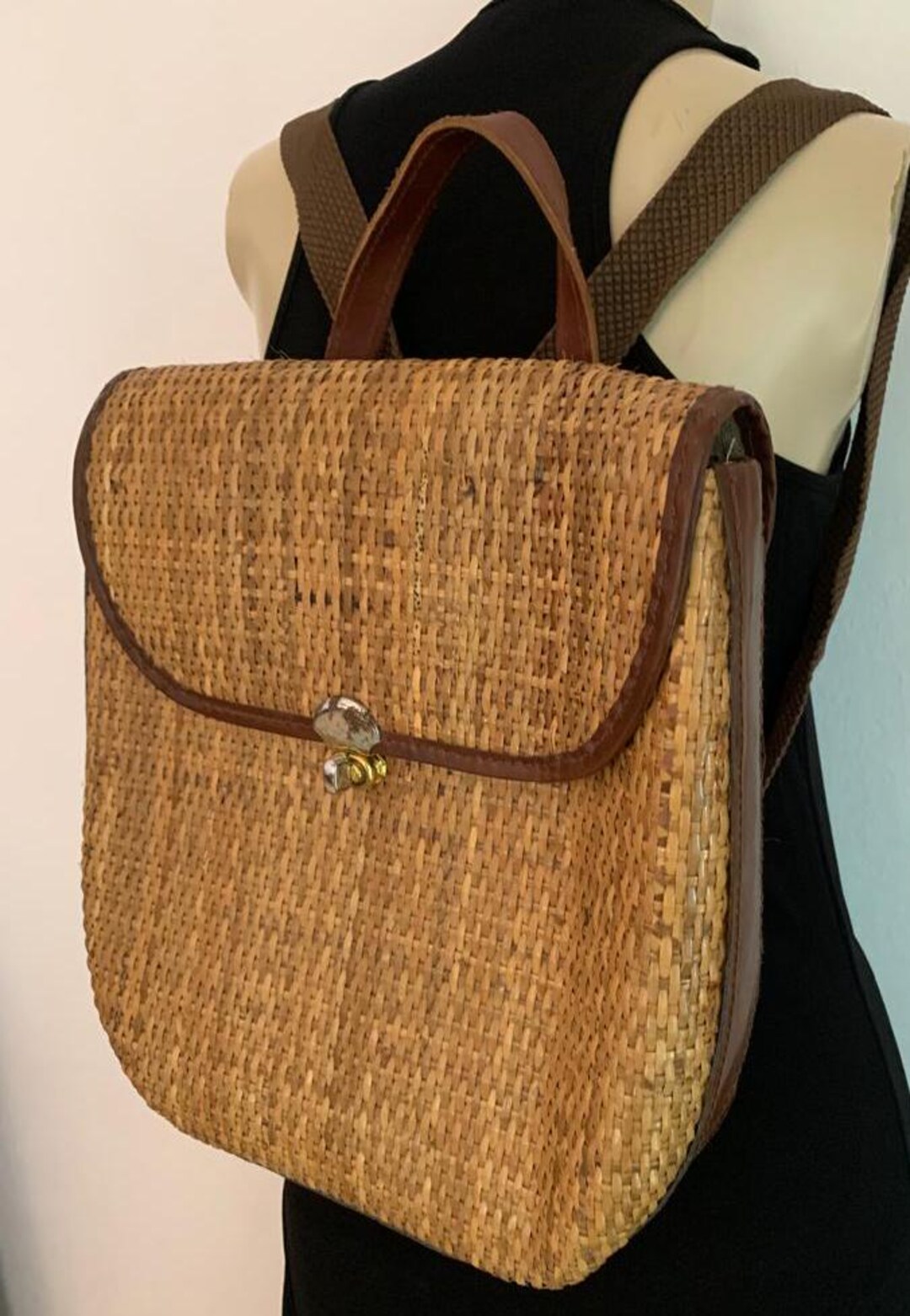 Vintage Boho Straw Woven Rucksack Backpack Shoulder Bag Top Handle Grab ...