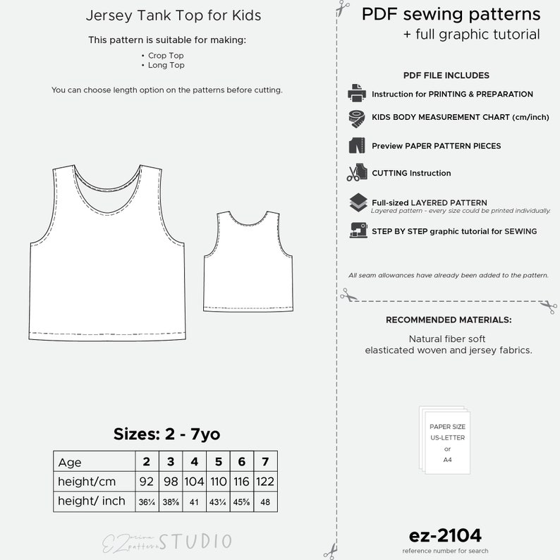 Jersey Tank Top PDF Sewing Pattern for Kids / 2 3 4 5 6 7 Yo / Ez-2104 ...
