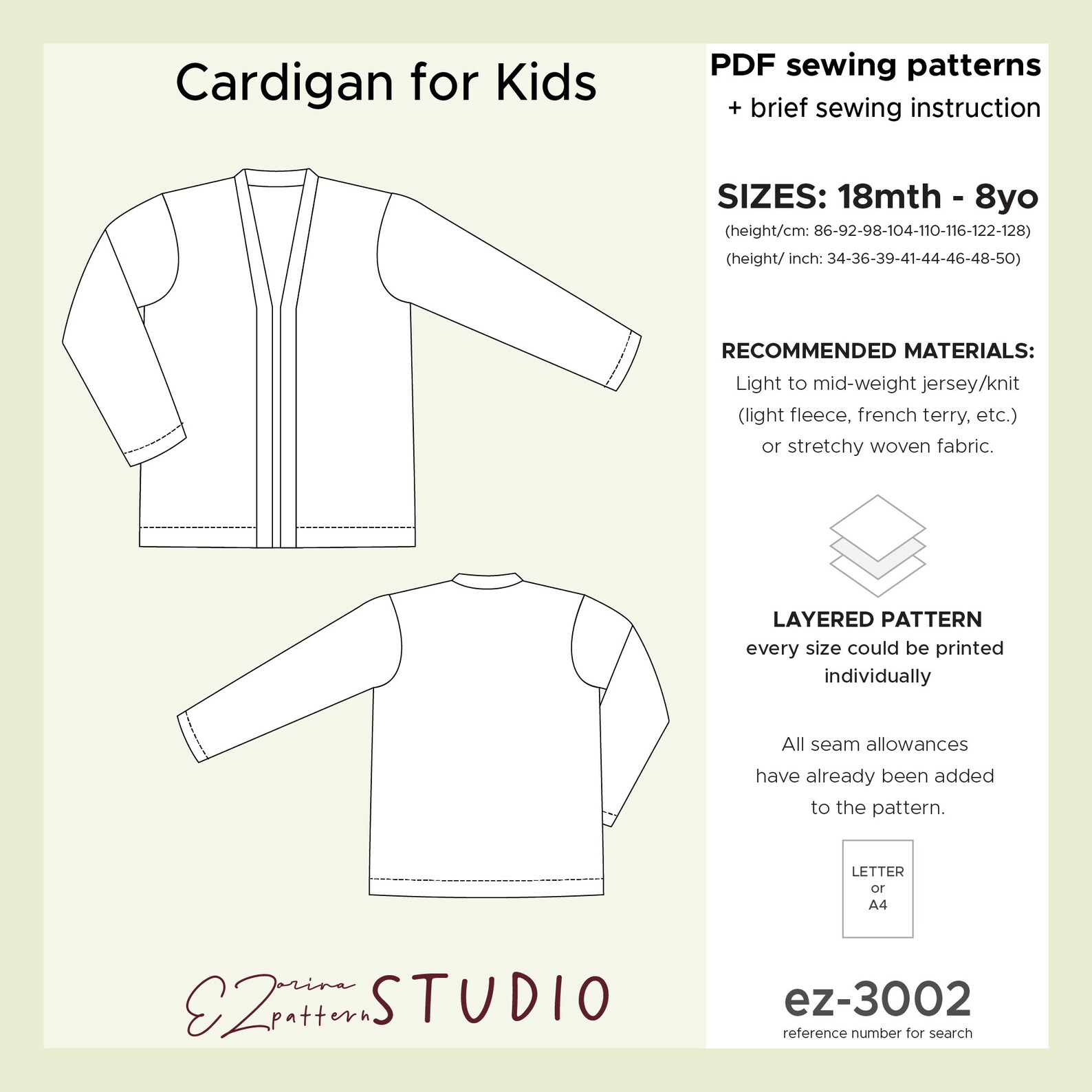 Cardigan PDF Sewing Pattern for Kids / 18 Mth 2 3 4 5 6 7 8 Yo / Easy ...