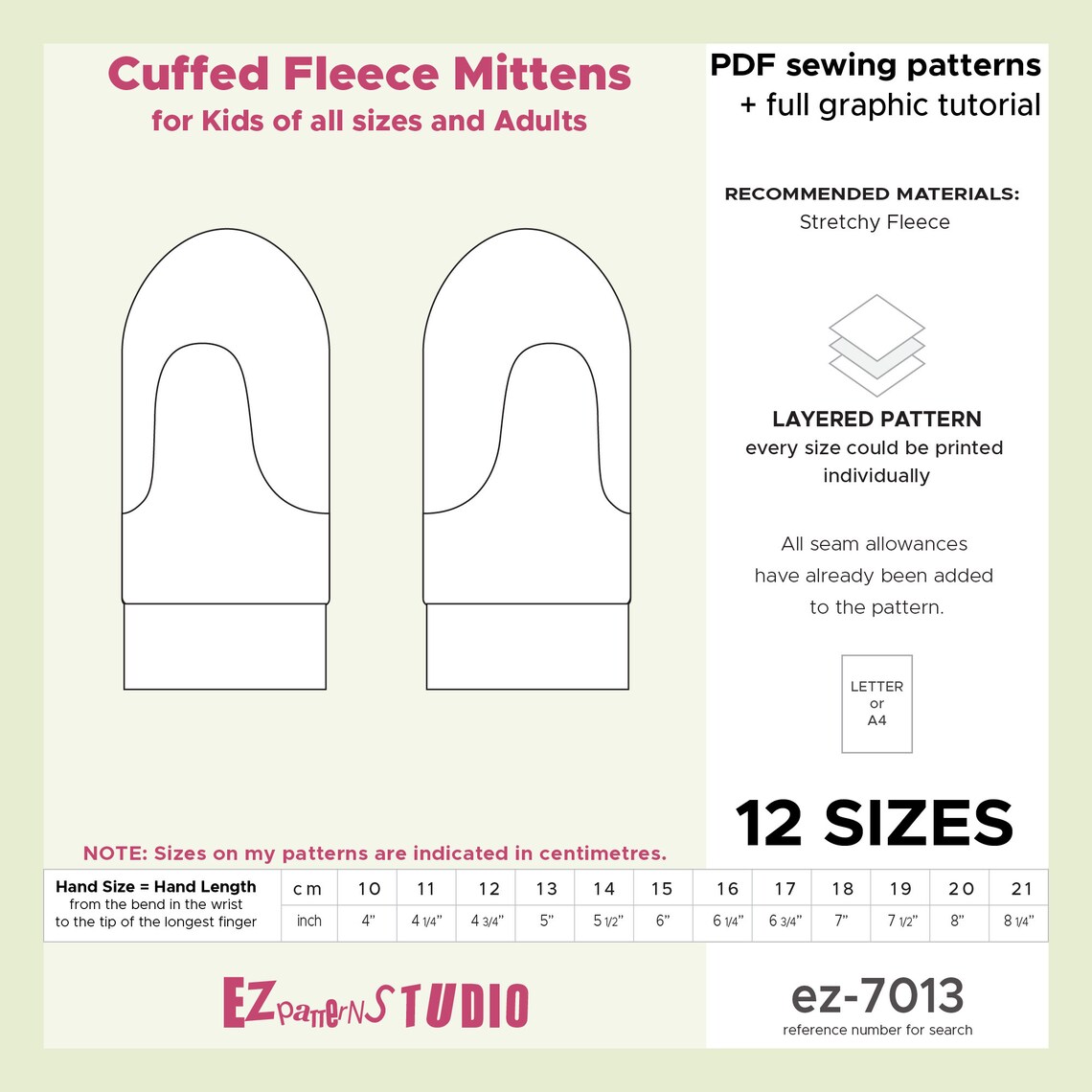 Cuffed Fleece Mittens PDF Sewing Pattern for Child/teen/adult - Etsy