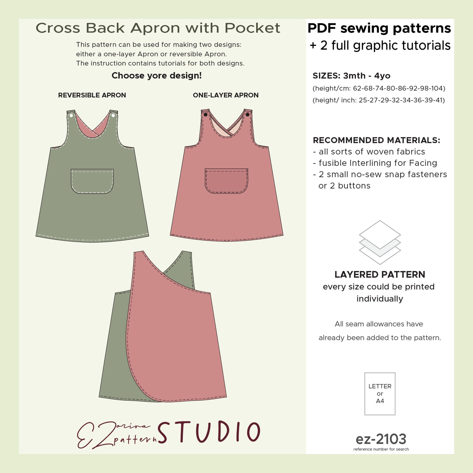 Cross-back Reversible Pinafore Apron/dress /3mth 4yo / PDF - Etsy