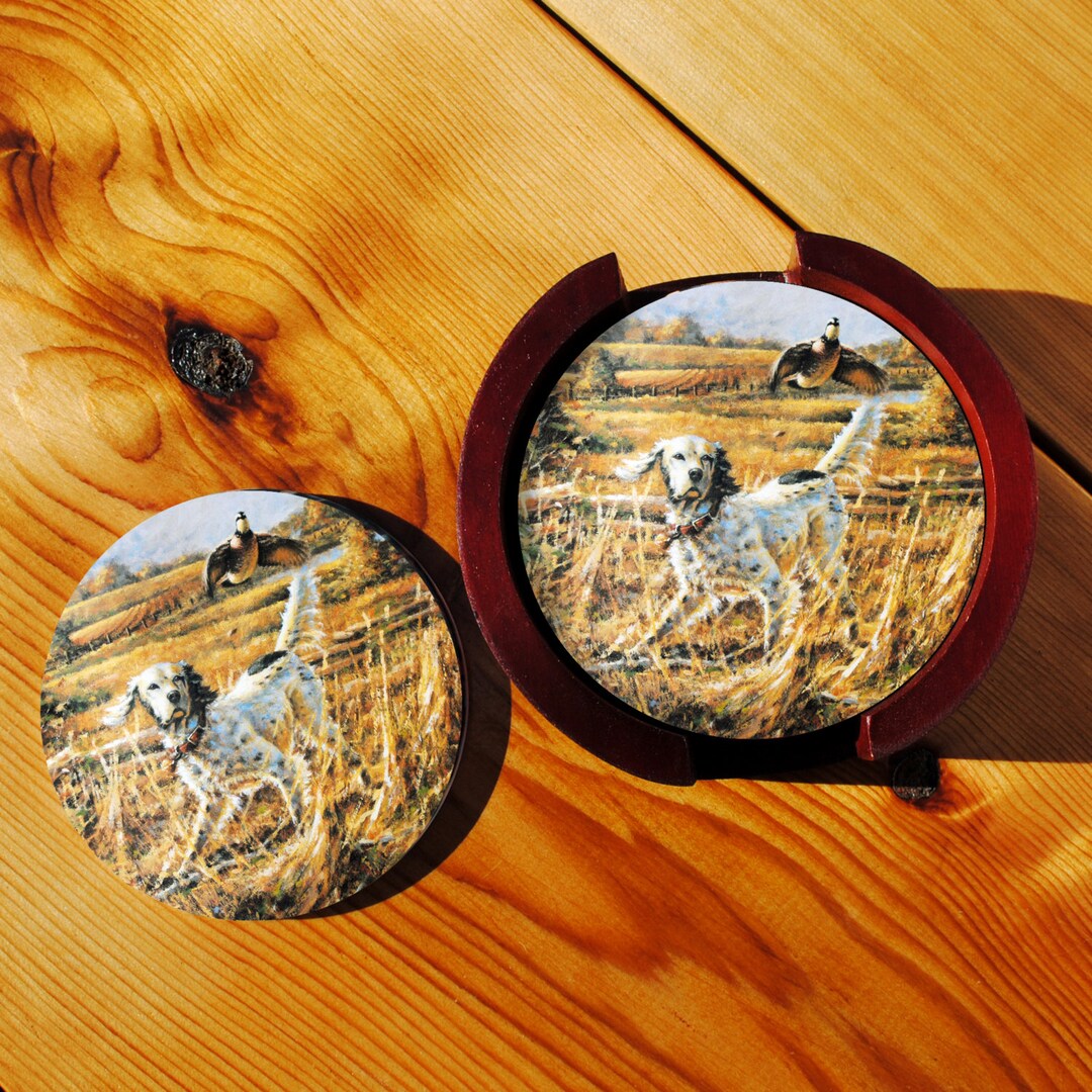 English Setter Sandstone Four Coaster Set in Wood Rack - Etsy