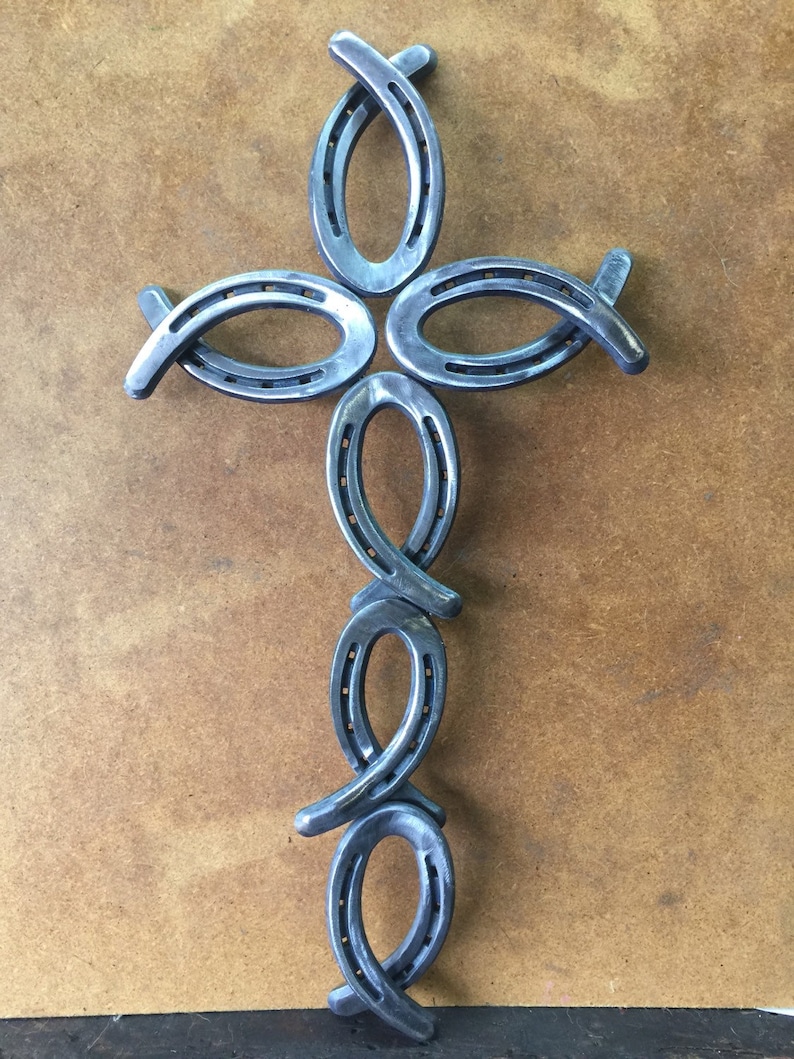 Metal Horseshoe Fish Cross Sculpture, Rustic Horseshoe Cross, Metal ...