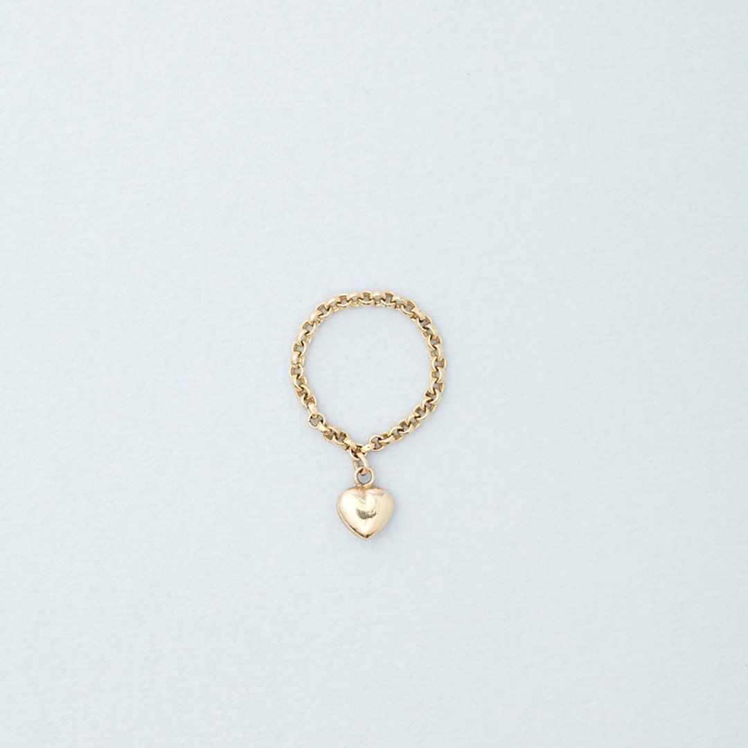 Puffed Heart Ring Heart Charm Ring 14k Gold Chain Ring With - Etsy