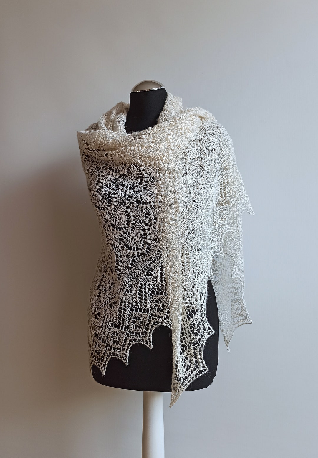 Light Cream Color Hand Knitted Lace Shawl, Silk Alpaca Triangular Wrap ...