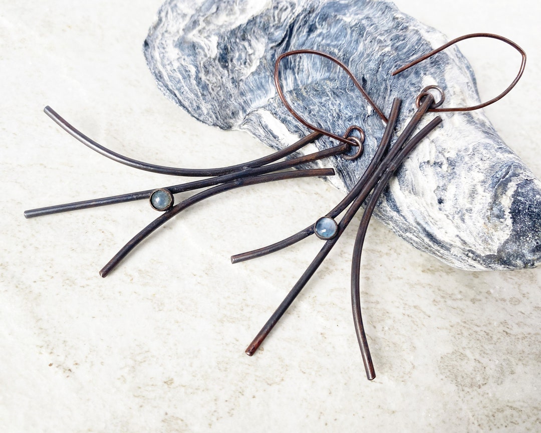 Copper Long Dangle Modernist Earrings Aquamarine Labradorite Round ...