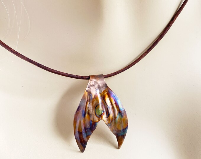 Copper Mermaid Tail Necklace Flame Painted Artisan Copper Whale Tail ...