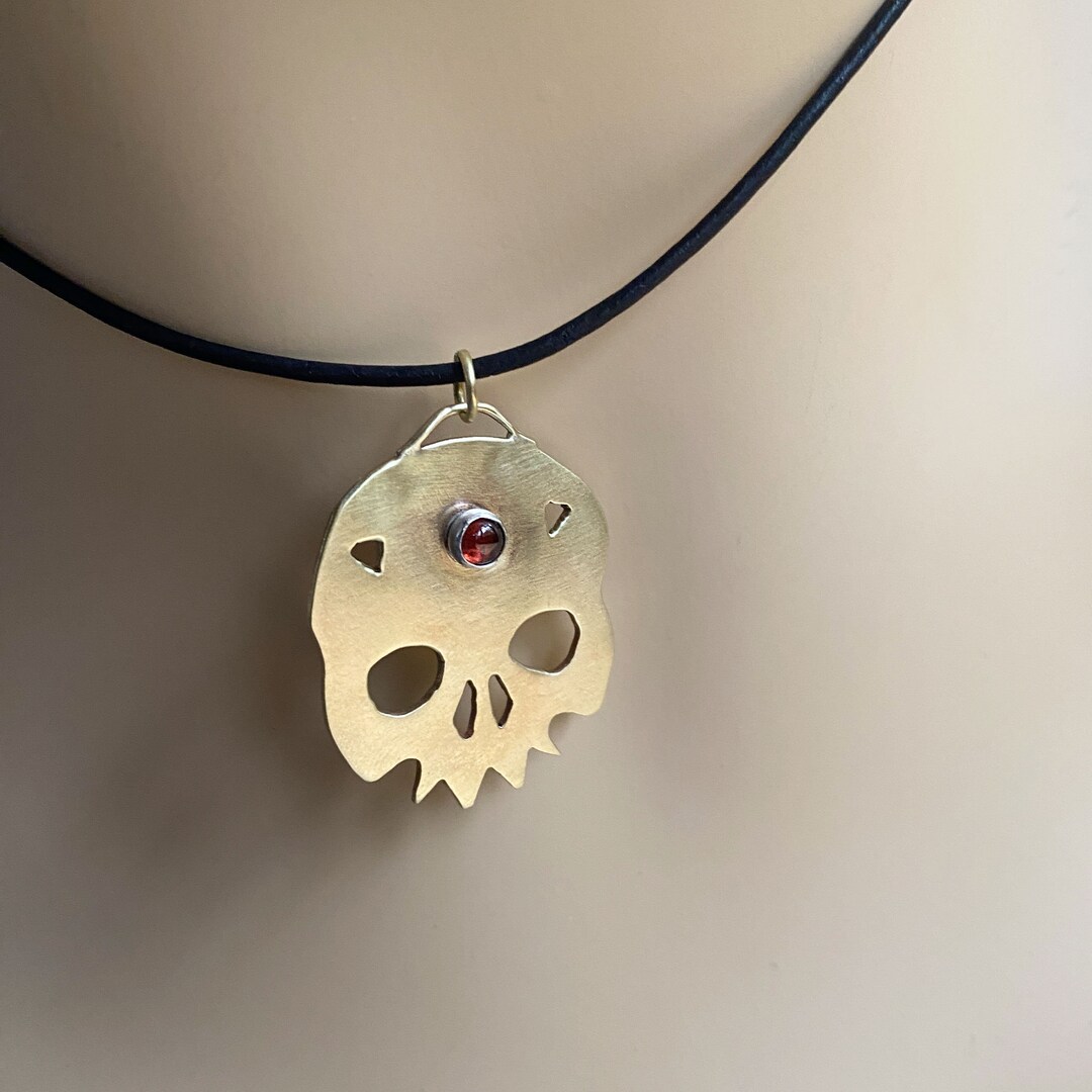 Brass Skull Red Garnet Pendant Round Gemstone Spooky Artisan Handmade ...