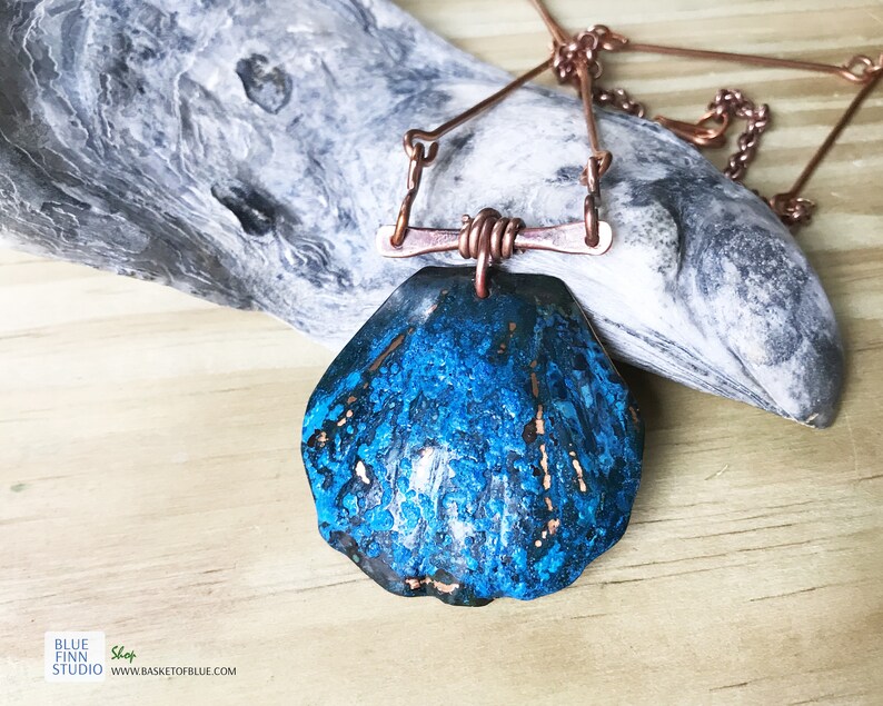 Blue Patina Necklace, Handforged Textured Clam Shell Pendant Rustic ...