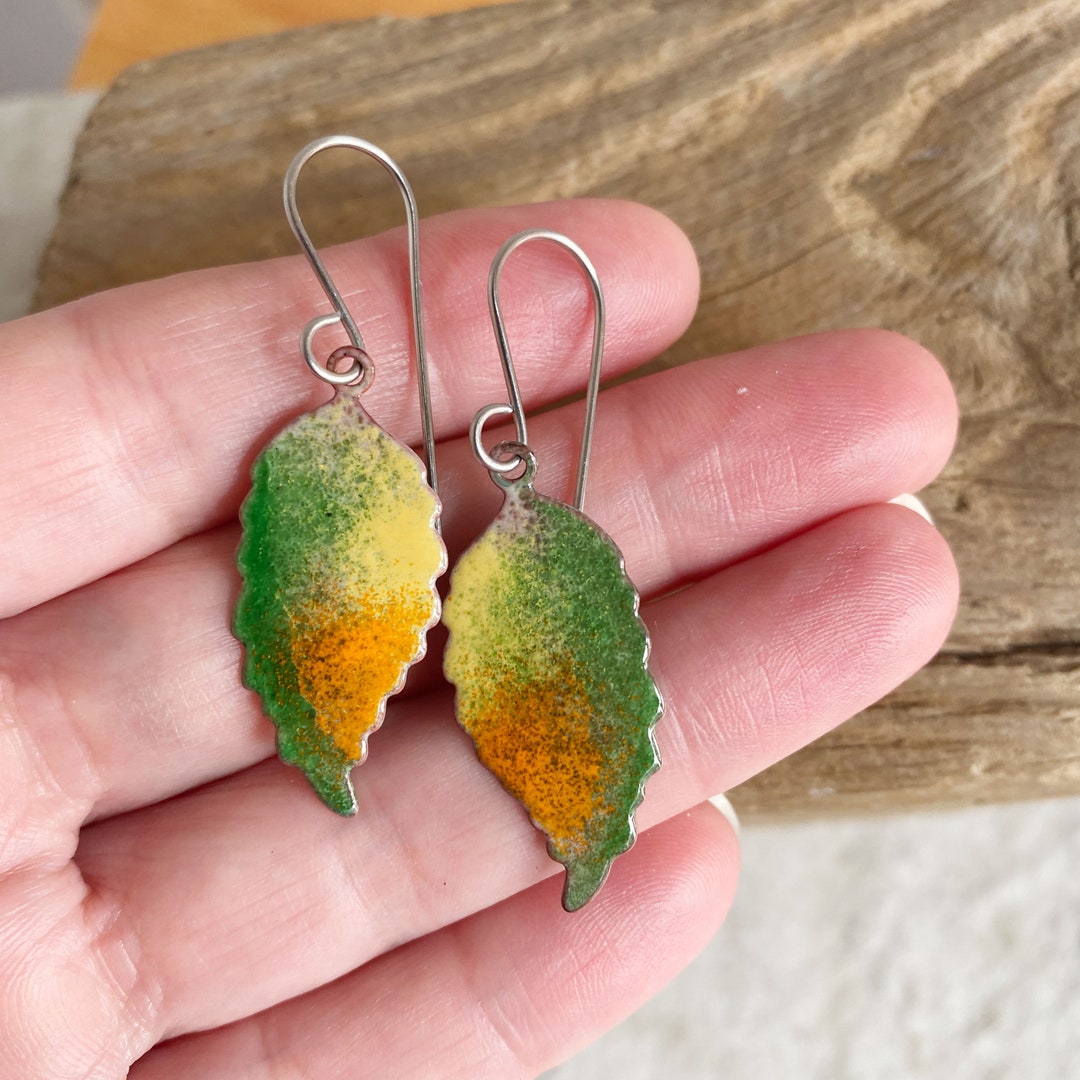 Colorful Leaf Earring, Enameled Copper Leaf Earrings, Artisan Copper ...