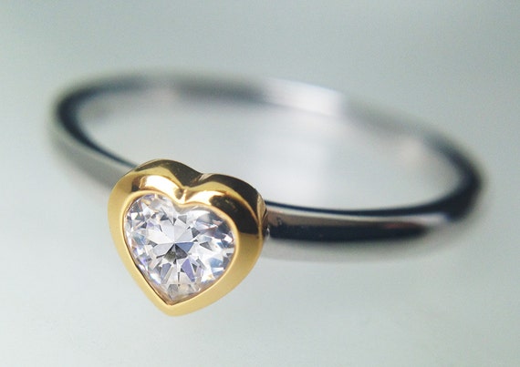 Silver & Gold Heart Shaped Stacking Ring set with CZ Diamond | Etsy