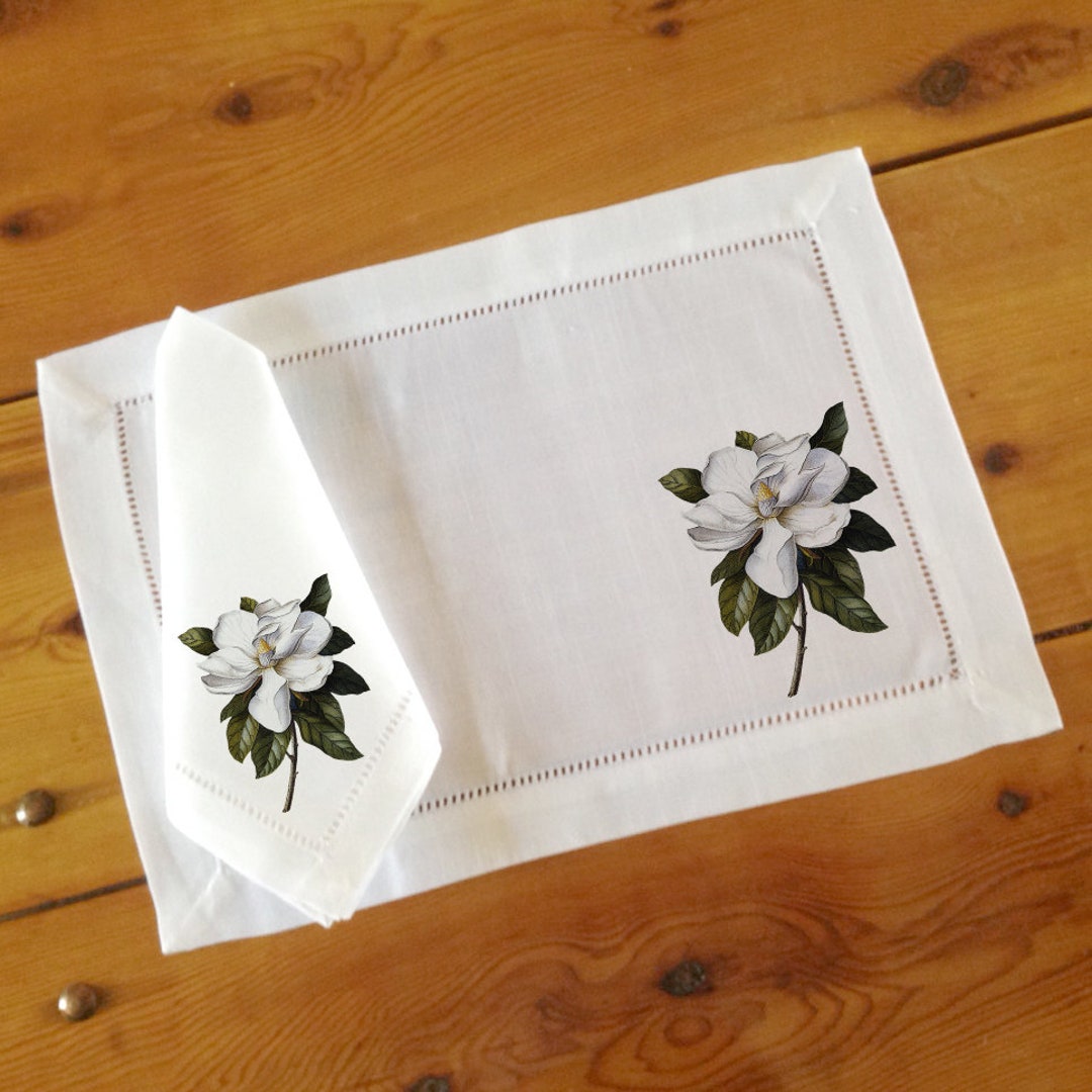Magnolia Flower Hemstitch Table Linens, Wash and Dry, Set of Six - Etsy