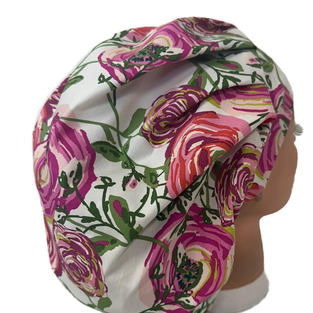 Surgical Hat Medical Scrub Cap Spring Beauty Rose Print Pinks & Greens ...