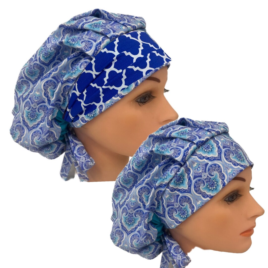 Medical Scrub Hat Geometric Surgical Cap in Silvery Blues With Style ...