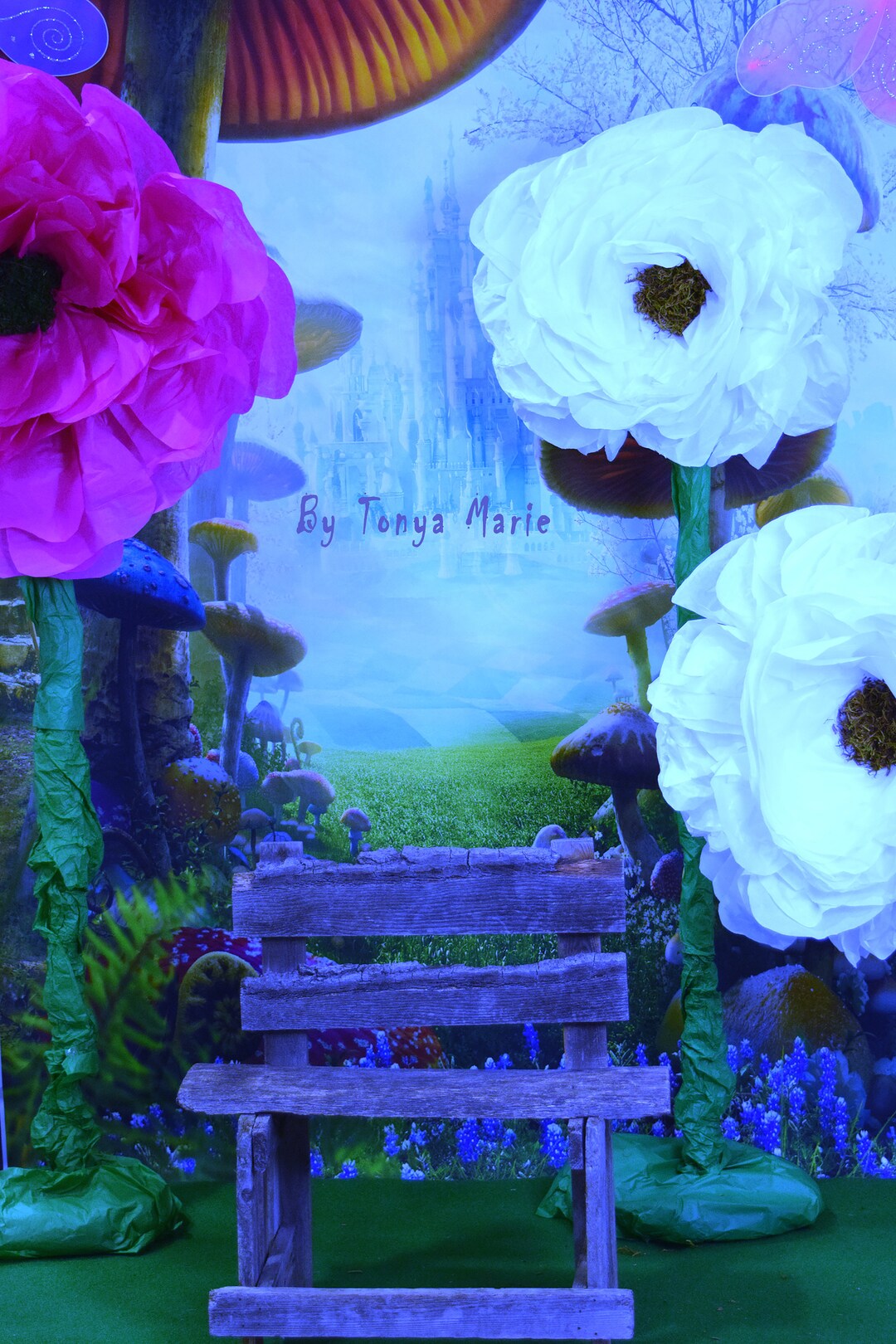 Whimsical Digital Photography Backdrop, Midnight, Big Flowers, Castle ...