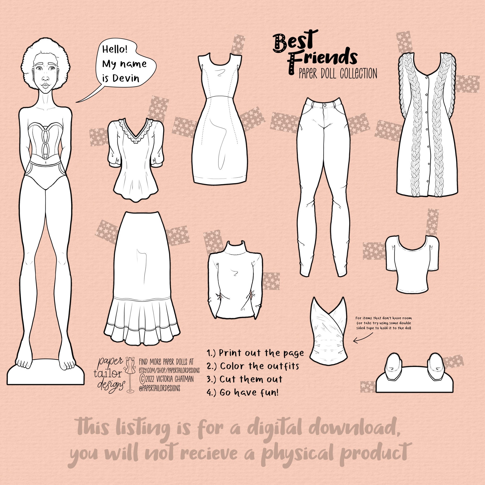 Devin the Paper Doll - Coloring Page With Outfits - Digital Download ...
