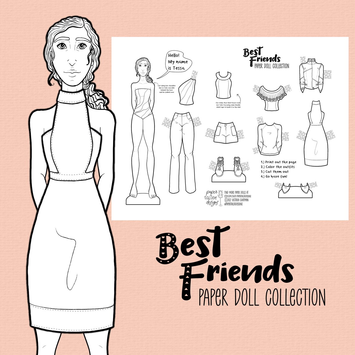 Tessa the Paper Doll - Coloring Page With Outfits - Digital Download ...