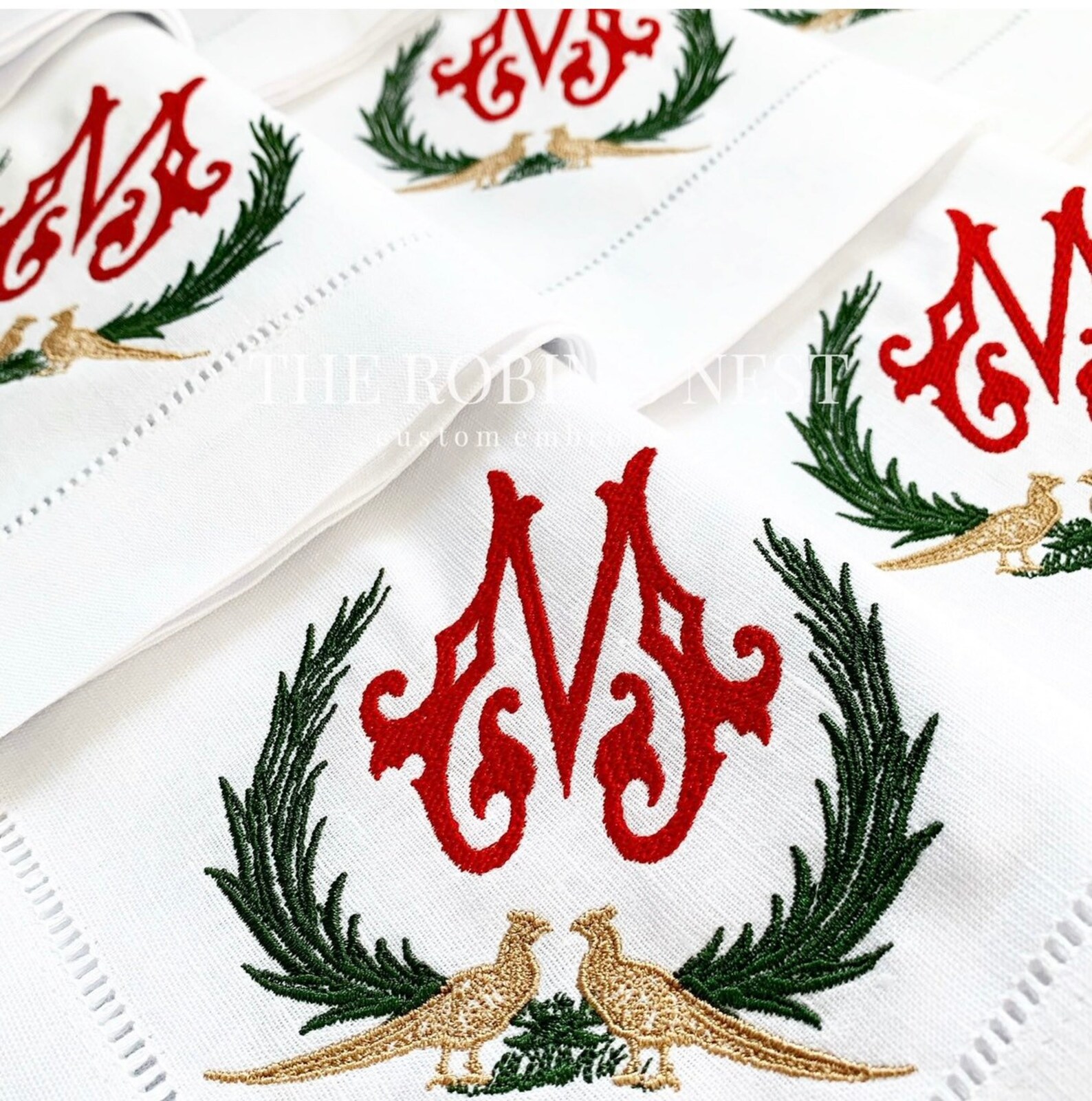 Custom Embroidered Pheasants Linen Dinner Napkins Monogrammed | Etsy