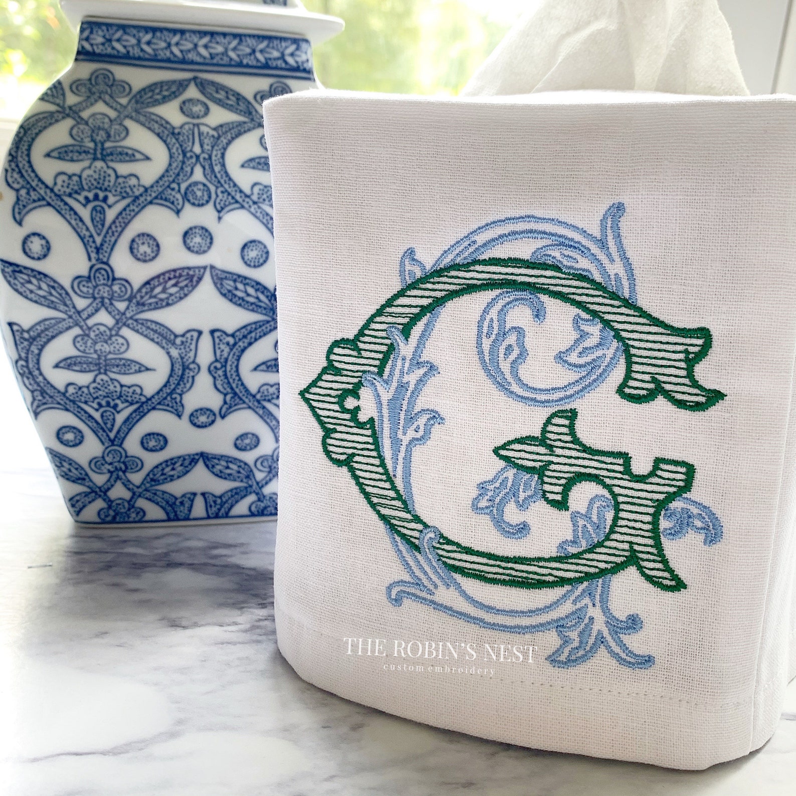 Custom Monogrammed Linen Tissue Box Cover Embroidered Antique - Etsy