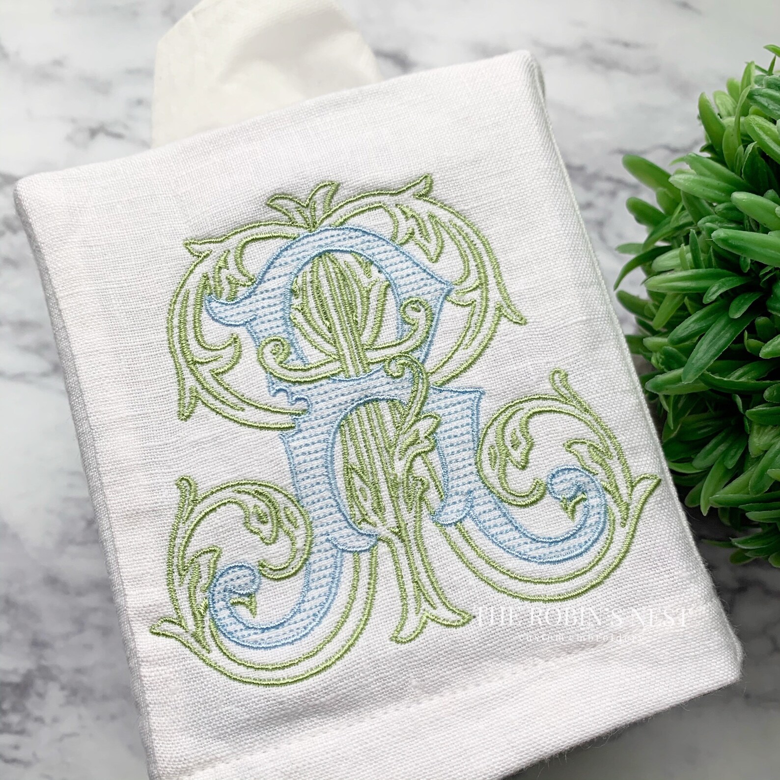 Custom Monogrammed Linen Tissue Box Cover Embroidered Antique - Etsy
