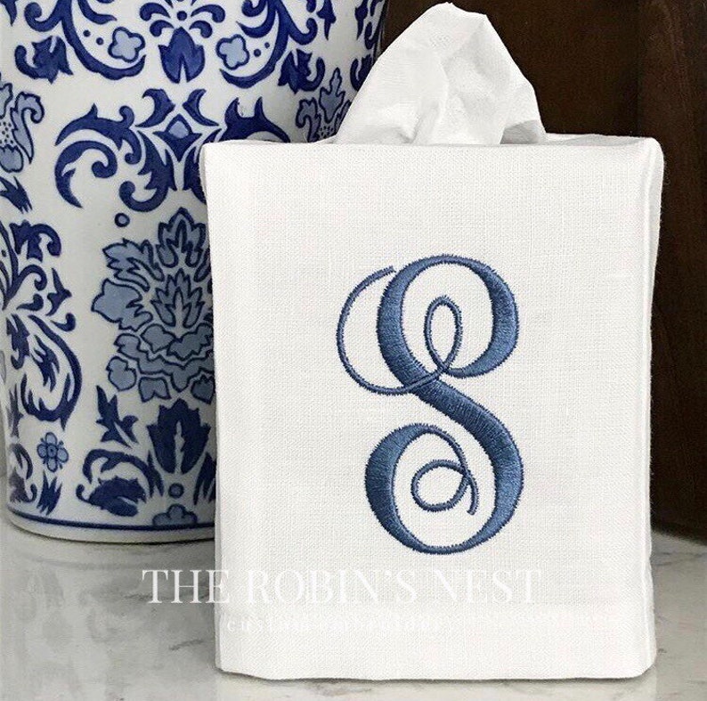 Monogrammed Linen Tissue Box Cover Square Embroidered - Etsy