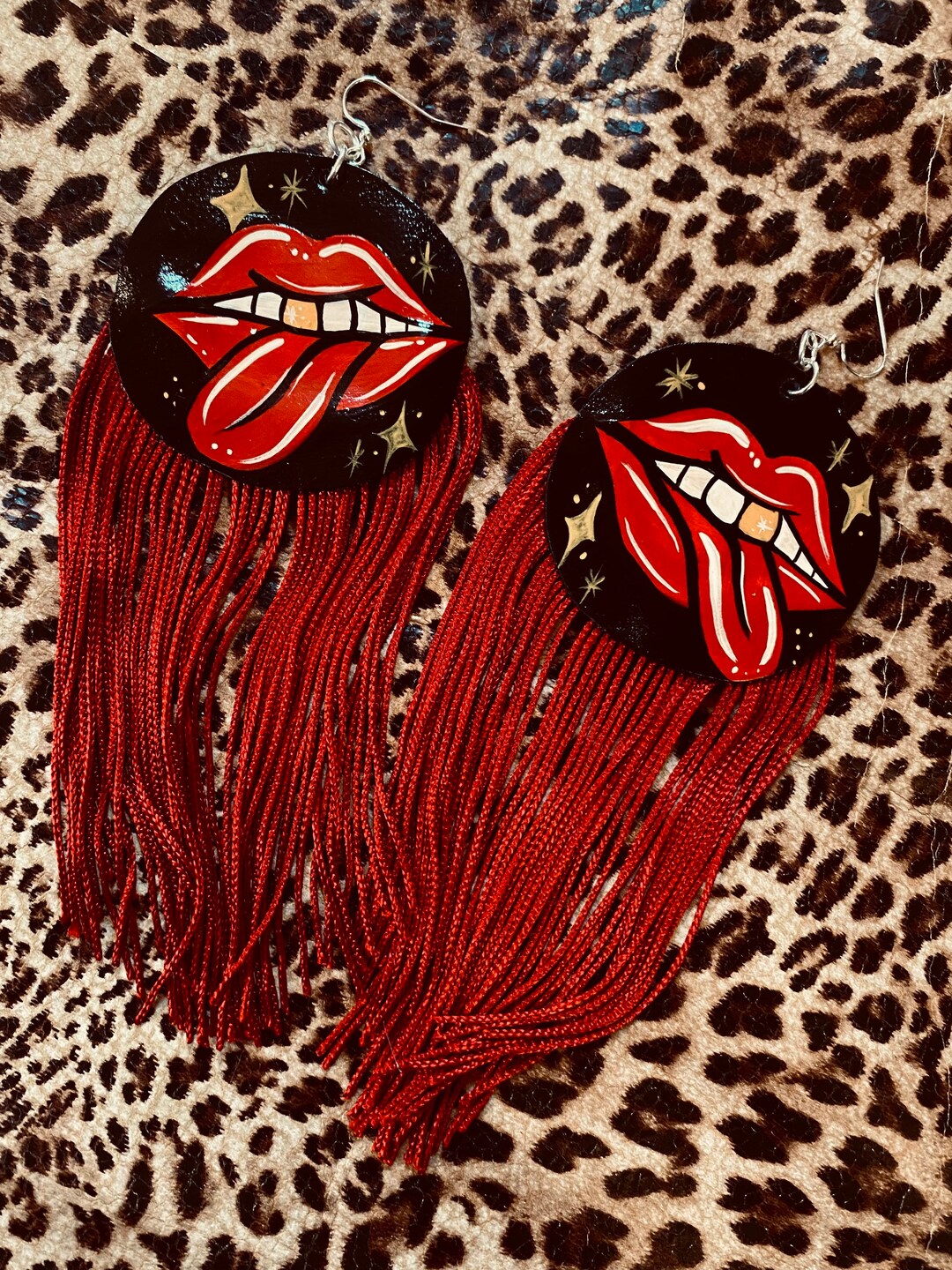 Hand Painted Leather Hot Lips on Leather With Red Fringe - Etsy