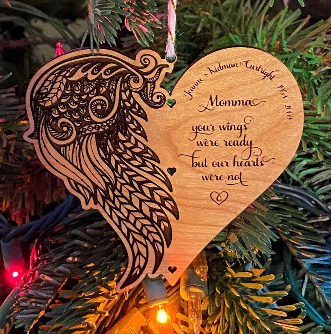 Personalized Memorial Angel Wing Ornament With Name, Dates, and Term of ...