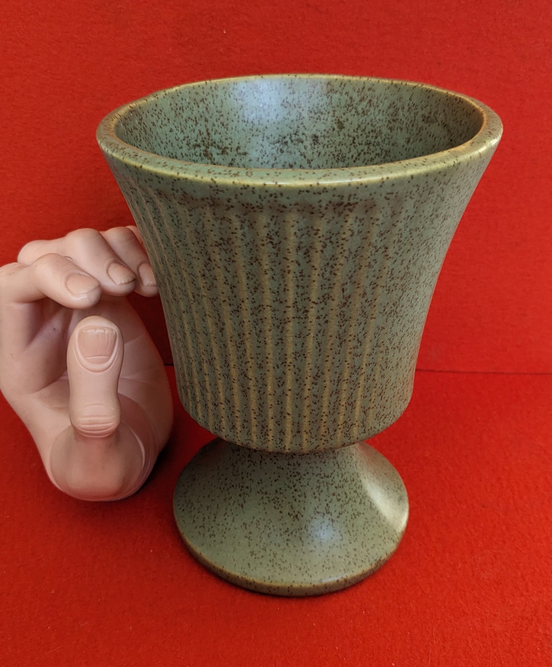 Mid Century Mccoy Floraline Vase 474 50s Ribbed Pedestal Ceramic Green ...