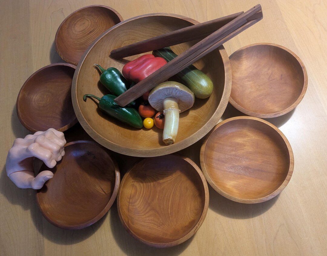 MCM 60s 7 Piece Woodpecker Japan Salad Set Large Bowl 6 Small Bowls ...