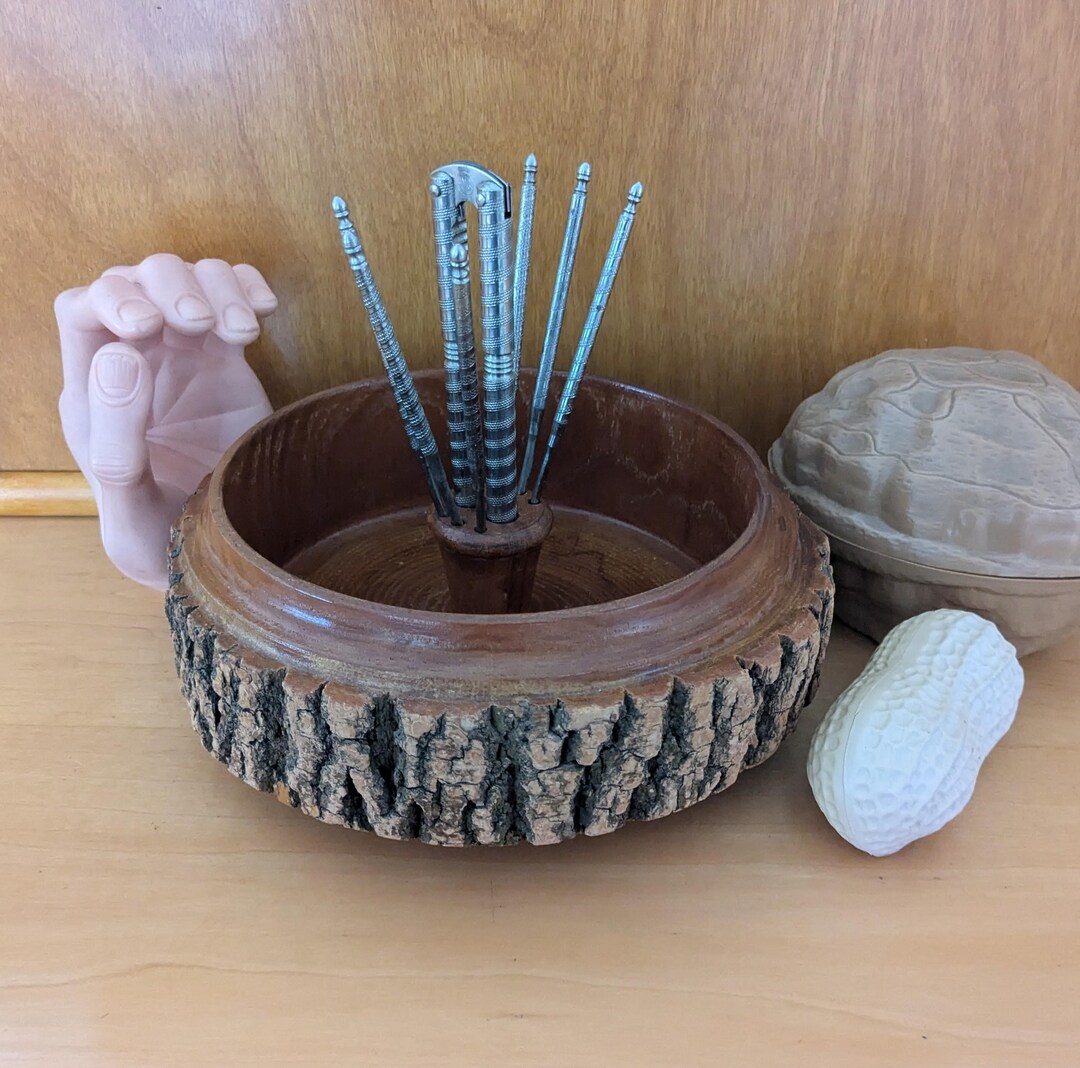 Mid Century Handcrafted Wooden Bark Live Edge Nut Bowl Set With 6 Tools ...