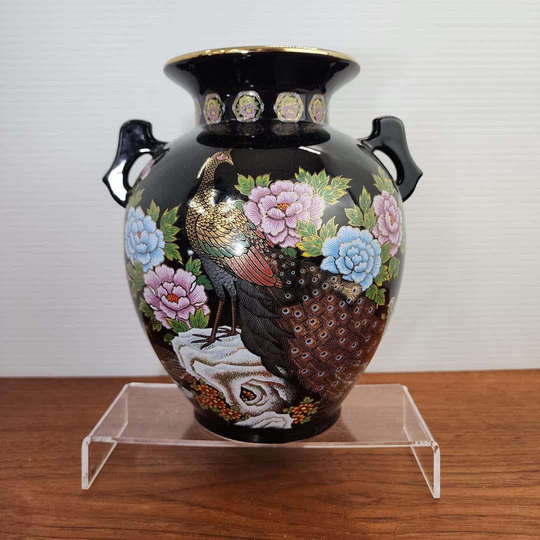 Vintage Japanese Asian Black Vase With Peacock and Floral Design ...