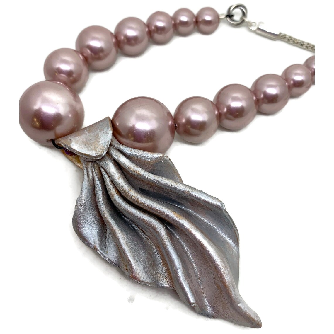 Pink and Silver Necklace Polymer Clay Pendant Fan Pattern - Etsy