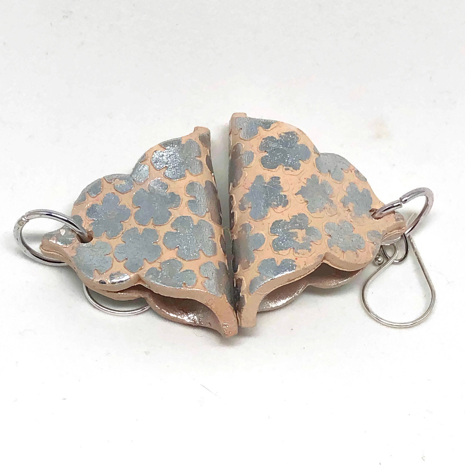 Silver and Cream Earrings Polymer Clay Earrings Silver Patterned ...