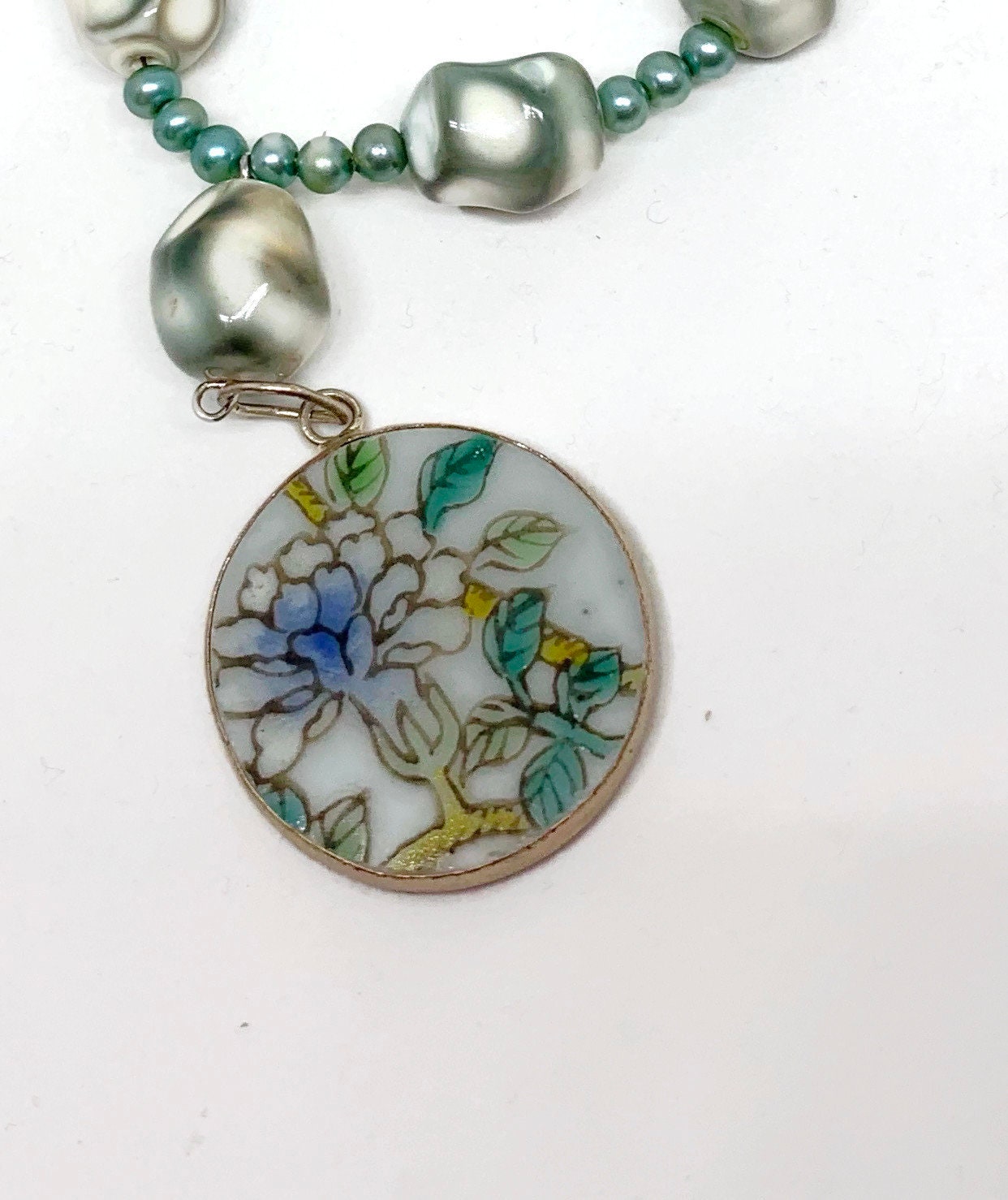 Recycled Pendant Necklace | Bluegreen Floral Pendant - Etsy