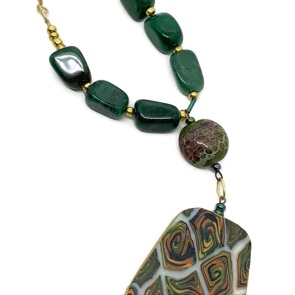 Abstract art pendant green pendant necklace Recycled bead | Etsy