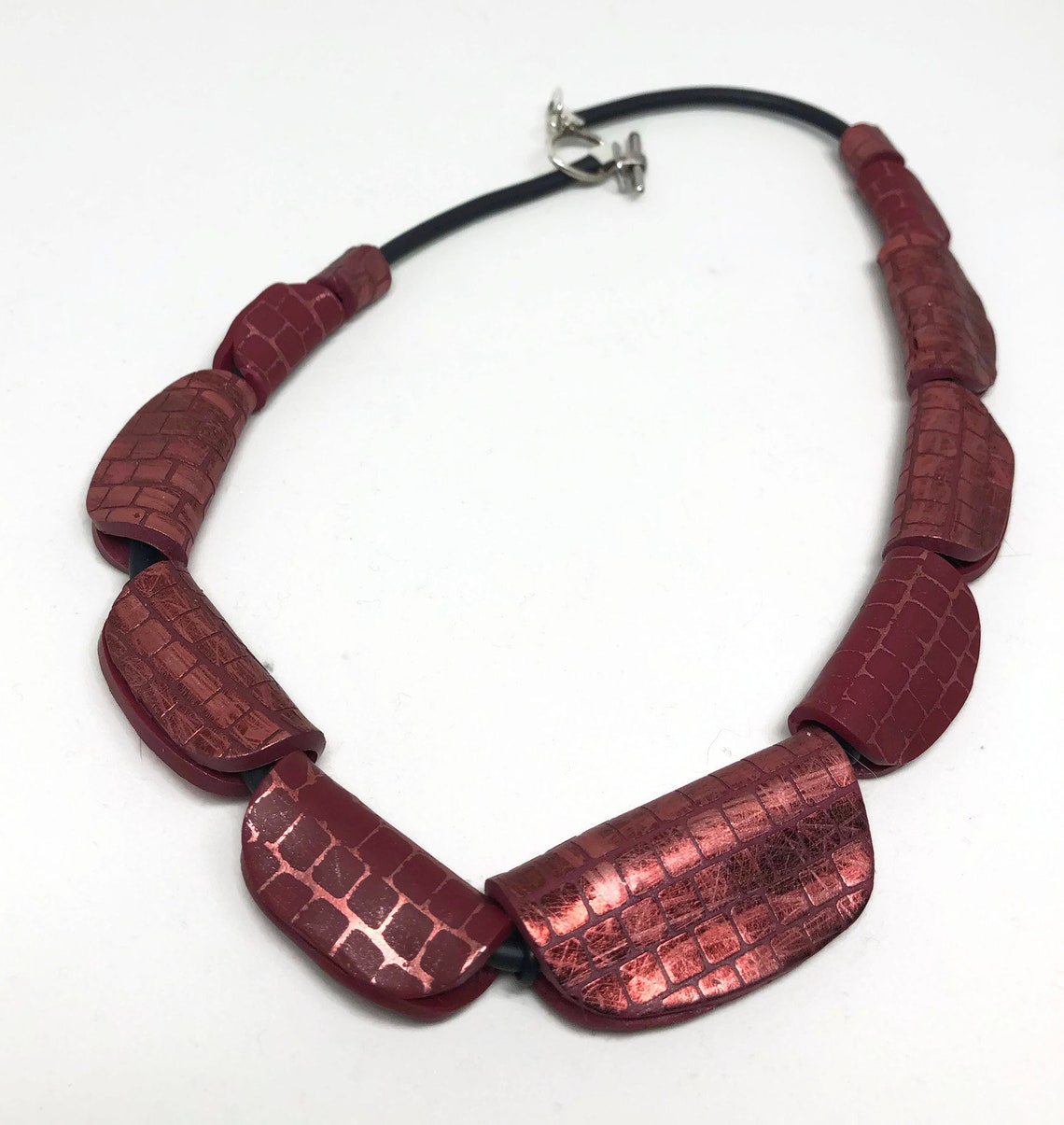 Shiny Red Polymer Clay Necklace Brick Design Beads Handmade Jewelry ...