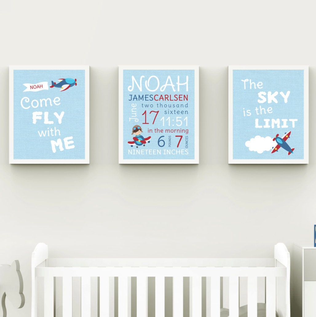 Airplane Nursery Art Set of 3 Baby Boy Pilot Nursery Print Personalized ...
