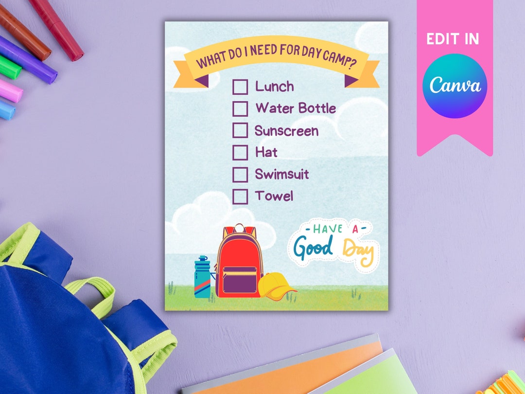 Kids Summer Checklist, Day Camp Packing List Printable, Kids Morning ...