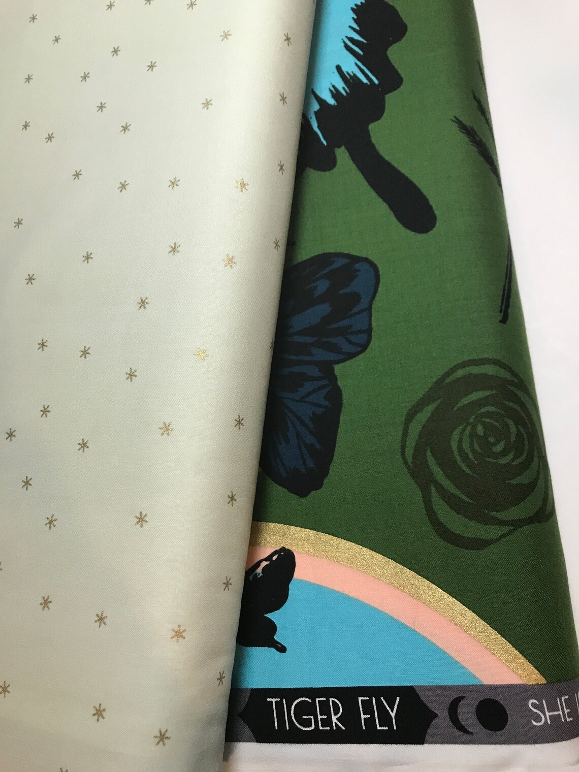 Ruby Star Fabric Tiger Fly Digital in Green with Metallic | Etsy