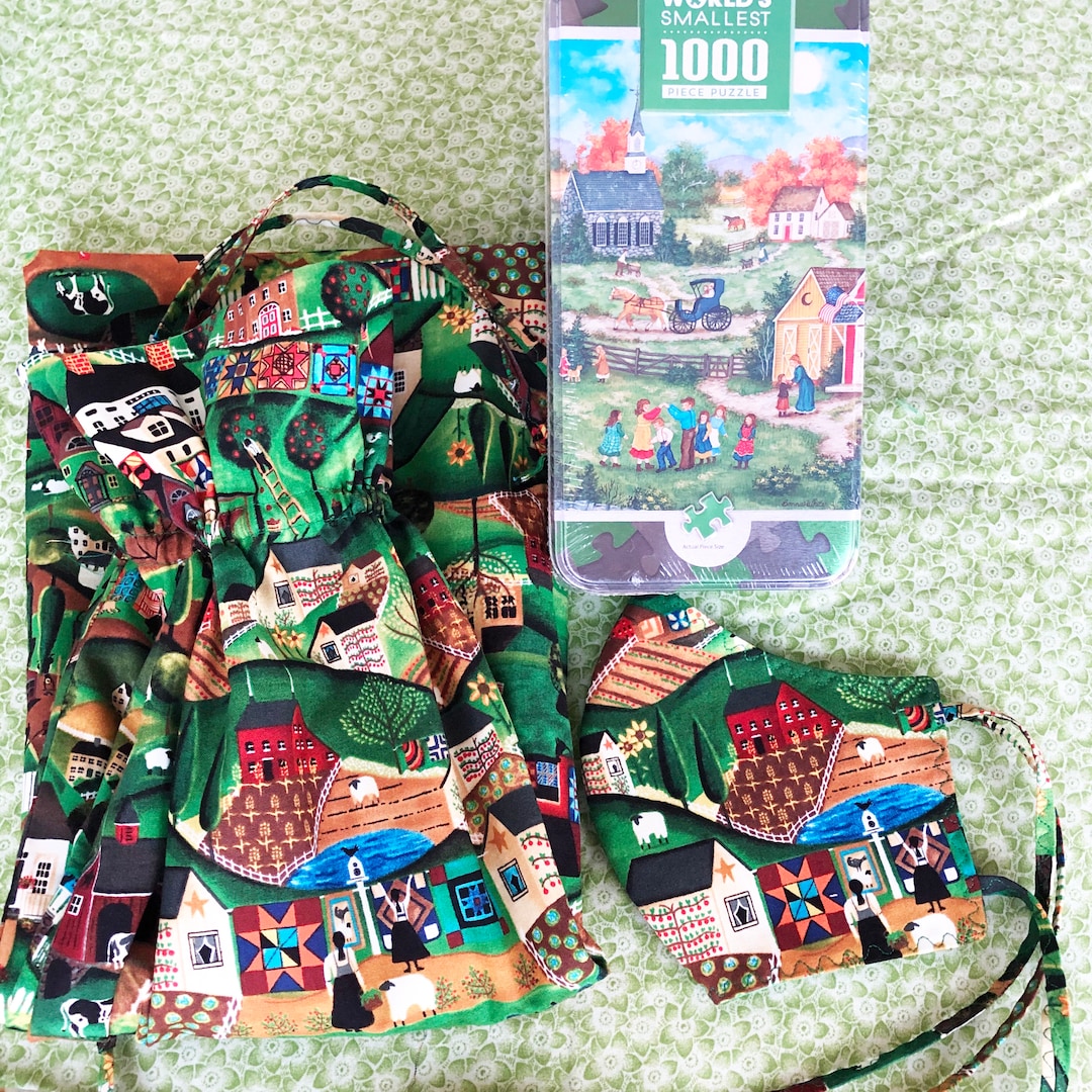 AMERICANA FOLK ART Puzzle & Adult Face Mask Gift Set Large Fabric ...