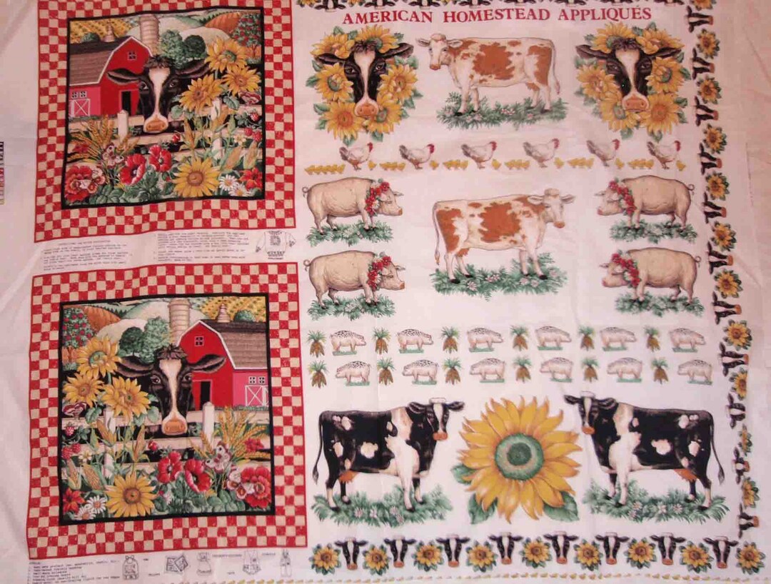 VINTAGE COW PANEL 100% Cotton Fabric by Kessler Flowers Cows Chickens ...