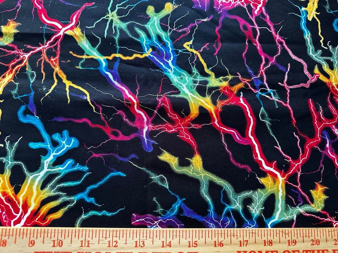 COLOR of THUNDER Lightning Fabric REMNANT 18" X 44" Black Background ...