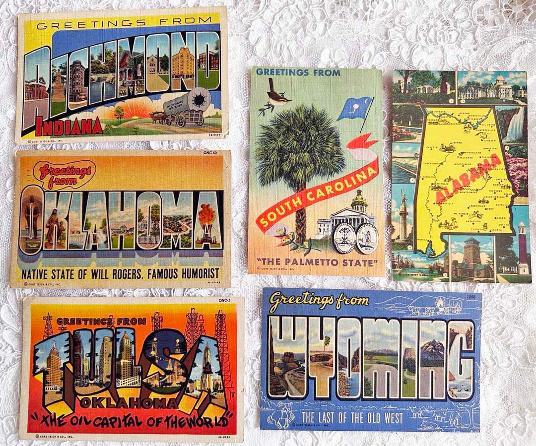 1950s Linen 6 VINTAGE ANTIQUE POSTCARDS States in America South ...