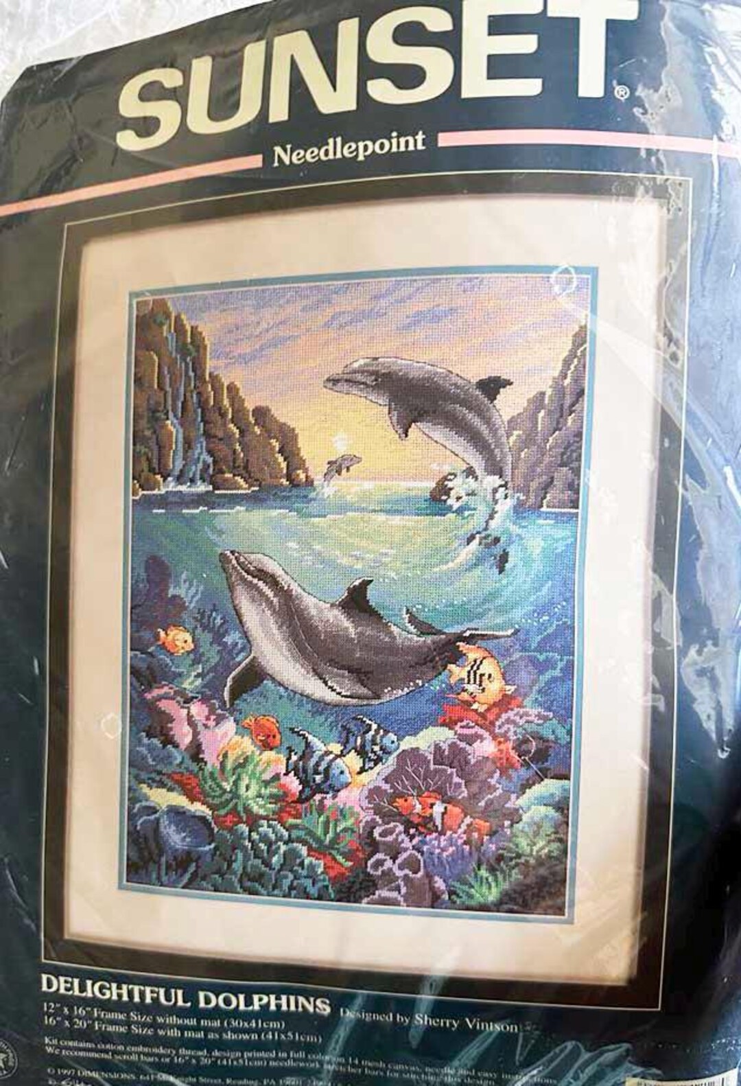 1997 DELIGHTFUL DOLPHINS NEEDLEPOINT Sunset Craft Kit Tropical Fish ...